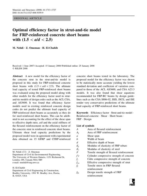 2008 Optimal Efficiency Factor In Strut And Tie Model For Frp Reinforced Concrete Short Beams