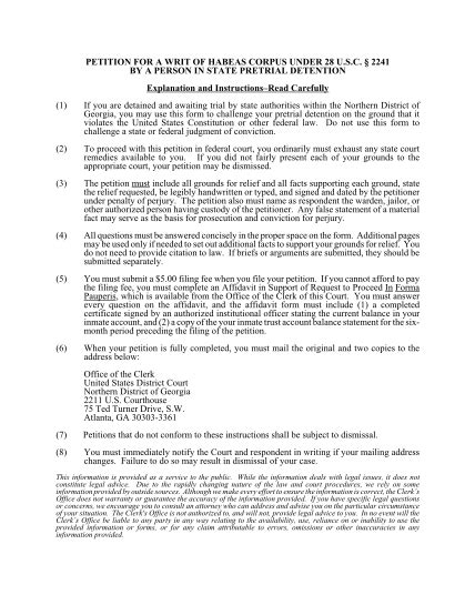 18 Petition For A Writ Of Habeas Corpus Under 28 U S C 2241 Free To Edit Download Print