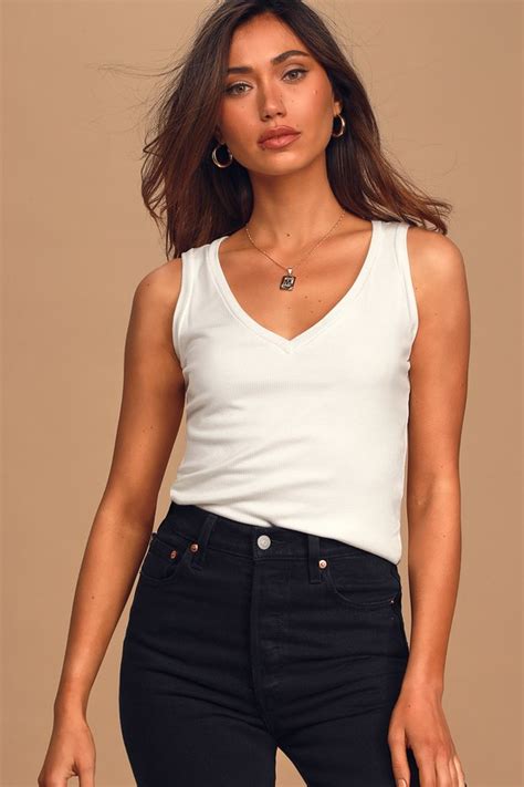 Basic White Tank Top Ribbed Knit Tank Top V Neck Tank Top Lulus