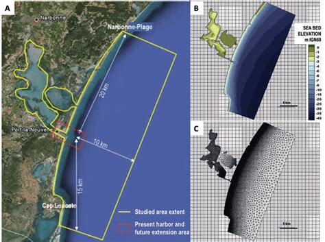a the model extent b area of bathymetry and c mesh of one
