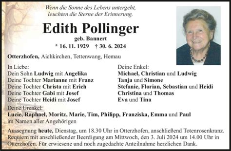Traueranzeigen Von Edith Pollinger Mittelbayerische Trauer