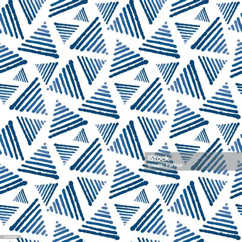 흰색 배경에 격리된 파란색 잉크 스트라이프 삼각형입니다 흑백 기하학적 원활한 패턴 벡터 플랫 그래픽 손 그린 그림 텍스처 거친에 대한 스톡 벡터 아트 및 기타 이미지