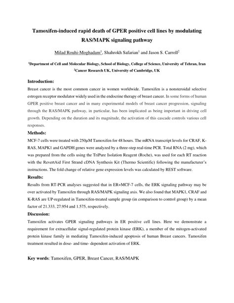 Pdf Tamoxifen Induced Rapid Death Of Gper Positive Cell Lines By