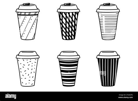 Set Of Taleaway Paper Coffee Cup Hand Drawn Ink Sketch Engraved Style