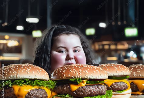 Fat Girl Eating Hamburger In Fast Food Restaurant A Girl With An Obese