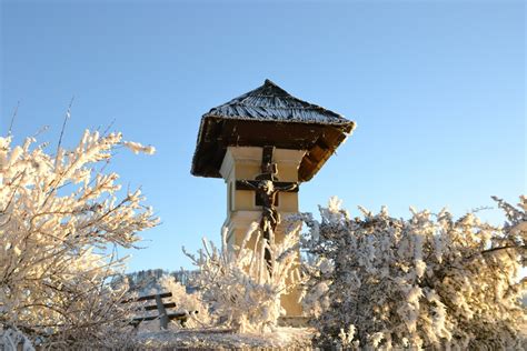 무료 이미지 나무 눈 감기 겨울 익은 탑 조명 시즌 파란 하늘 오스트리아 은행 예수 냉랭한 카린 시아 길가의 십자가 그로 첸 옥외 구조물