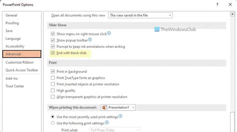 how to disable end with black slide option in powerpoint