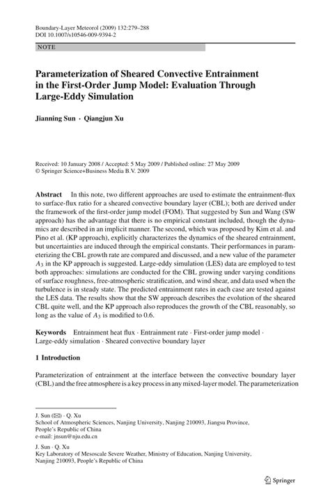 Pdf Parameterization Of Sheared Convective Entrainment In The First Order Jump Model