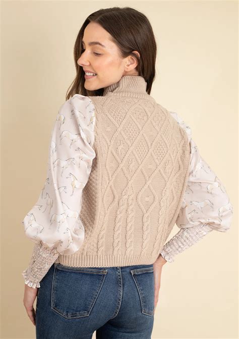 Ellie Cable Knit Sweater With Printed Sleeves Beige
