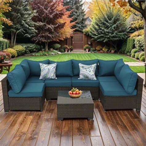 Zeus And Ruta Brown 7 Piece Wicker Outdoor Sectional Set With Peacock