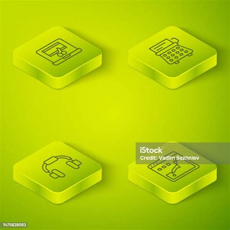 아이소 메트릭 라인 레트로 타자기 헤드폰 히스토그램 그래프 사진 및 비디오 레코더 노트북 아이콘을 설정합니다 벡터 3차원 형태에