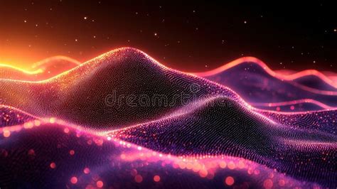 Abstract Colorful Background With Flowing Waves And Glittering Particles In Sunset Light Stock
