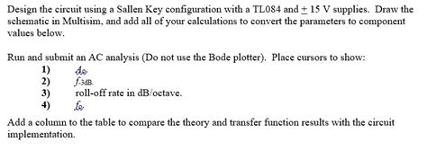 design the circuit using a sallen key configuration with a tl084 and ±
