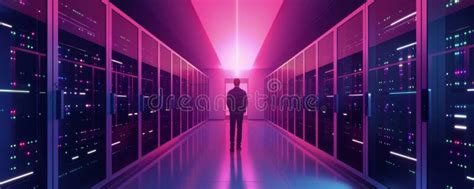 Technician Monitoring Data Servers In A Neon Lit Futuristic Data Center