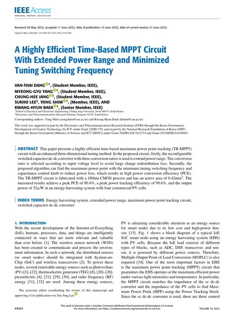 Pdf A Highly Efficient Time Based Mppt Circuit With Extended Power Range And Minimized Tuning