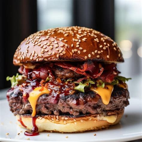 A Hamburger With Bacon Lettuce And Cheese On A Bun Premium AI