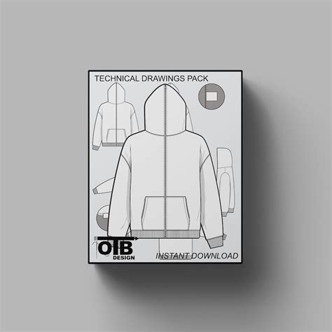 Full Zip Hoodie Sweatshirt Flat Technical Drawing Illustration Blank