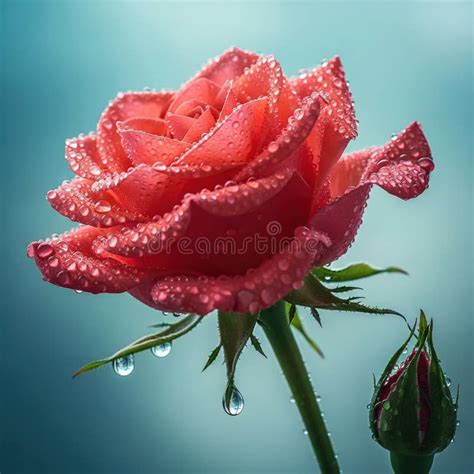 Elegant Red Rose With Water Droplets And Small Bud On Teal Background