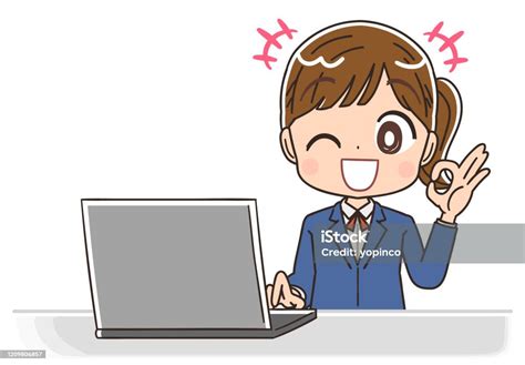 블레이저 유니폼을 입은 여고생 그녀는 개인용 컴퓨터를 사용합니다 교복에 대한 스톡 벡터 아트 및 기타 이미지 교복 노트북