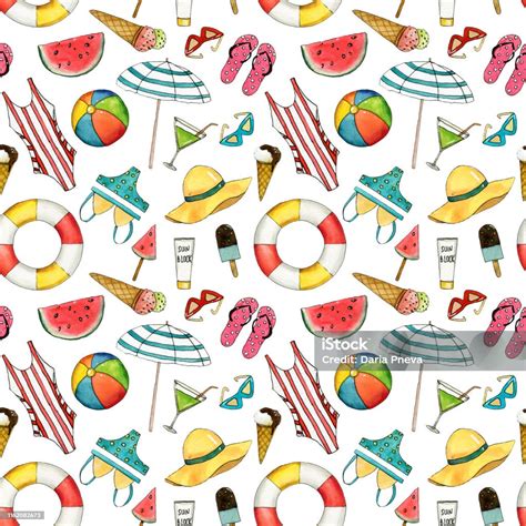 우산 모자 수영복 코테일 아이스크림 공 구명 부표 선글라스와 원활한 패턴 0명에 대한 스톡 벡터 아트 및 기타 이미지 0명 과일 관광 Istock