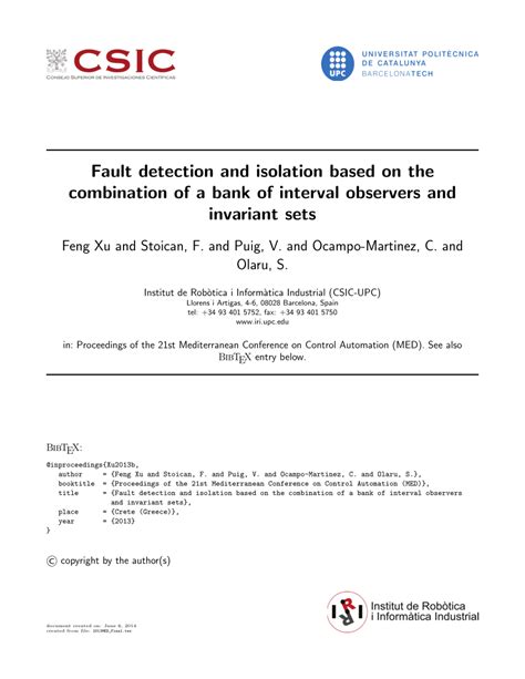 Pdf Fault Detection And Isolation Based On The Combination Of A Bank Of Interval Observers And