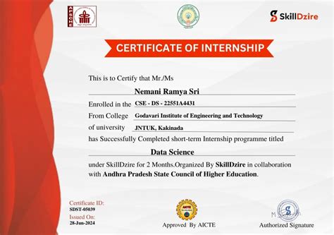 Ramya Sri Nemani On Linkedin Datascience Internship Skilldzire