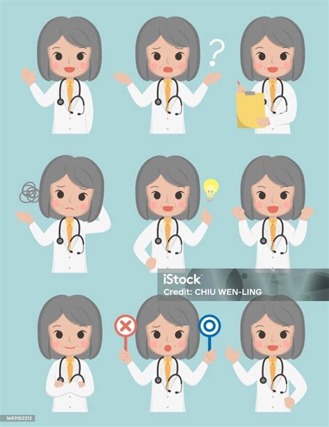 나이 든 의료 종사자 여성 의사 의료 구급대원 배경에 고립 평면 만화 만화 벡터 일러스트레이션 이모티콘 액션 세트 간호사에 대한 스톡 벡터 아트 및 기타 이미지 Istock