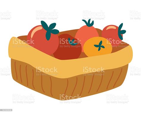 토마토 바구니 채식 영양 시장 개념 유기농 건강한 식품 수확 배달 패키지 팜에 대한 벡터 플랫 일러스트레이션은 상점 엽서 포스터 및 인쇄를 생성합니다 건강한 생활방식에 대한