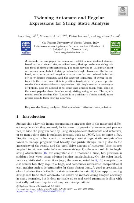 Pdf Twinning Automata And Regular Expressions For String Static Analysis