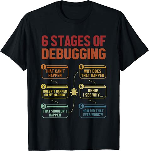 6 stages of debugging full stack coder software developer t shirt