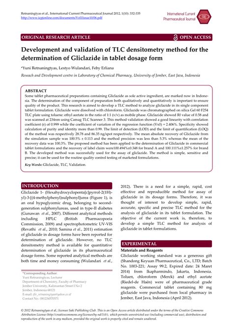 Pdf Development And Validation Of Tlc Densitometry Method For The Determination Of Gliclazide
