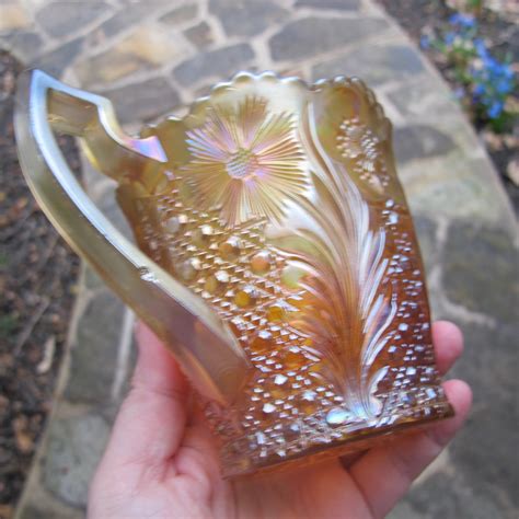 Antique Us Glass Honey Amber Cosmos And Cane Carnival Glass Spooner Vase