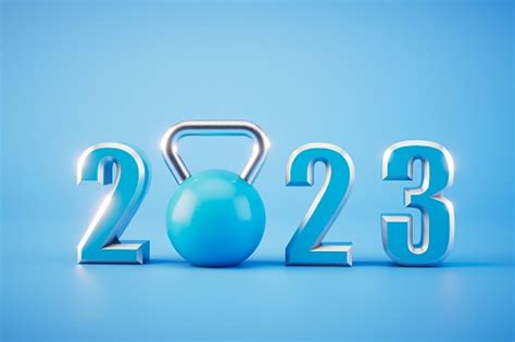 2023년 스포츠 파란색 배경에 0 파란색 대신 케틀벨이 있는 비문 2023 3d 렌더링 2023년에 대한 스톡 사진 및 기타