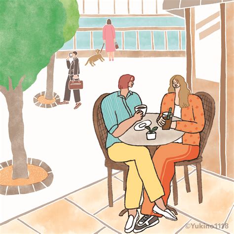 カフェテラスで会話を楽しむ2人｜イラストレーターyukino1118のwebサイト