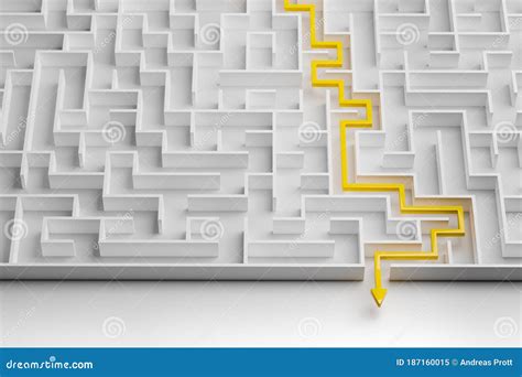 Concept Solving A Complex Problem White Maze With Yellow Solution