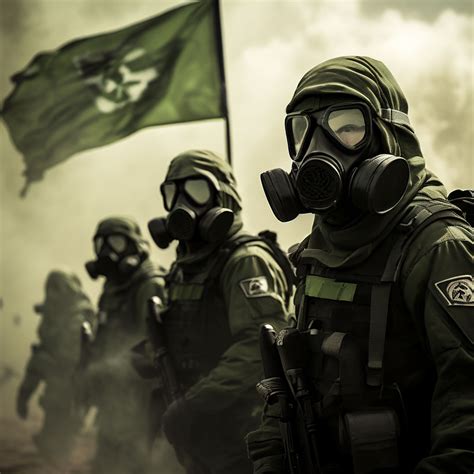 Scp Inspired Army Soldiers In Gas Masks Saluting A Green Fla By