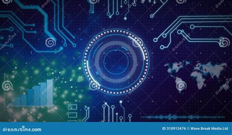 Image Of Circular Scanner With Motherboard Data And Green Particles On Black Background Stock