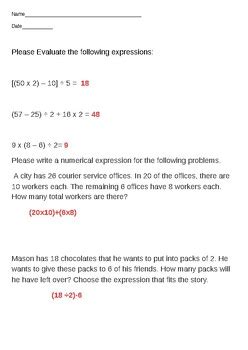 Order Of Operation And Numerical Expression Answer Key By Danielle Nelson