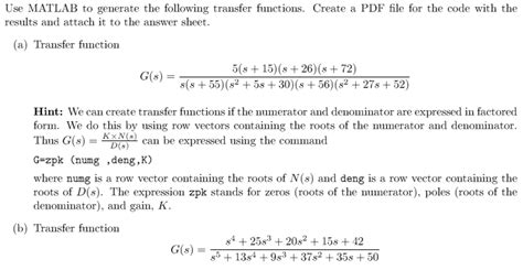Solved Use MATLAB To Generate The Following Transfer Chegg
