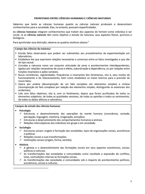 Fronteiras Entre Ciencias Humanas Ciências Naturais Pdf Science