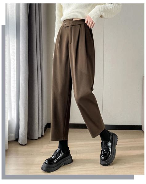 여성 비죠 8부 9부 모직바지 핀턱 배기 정장 방한 겨울 기모바지 브라운 키작녀 부터