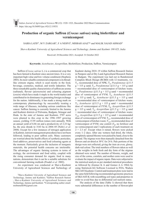 Pdf Production Of Organic Saffron Crocus Sativus Using
