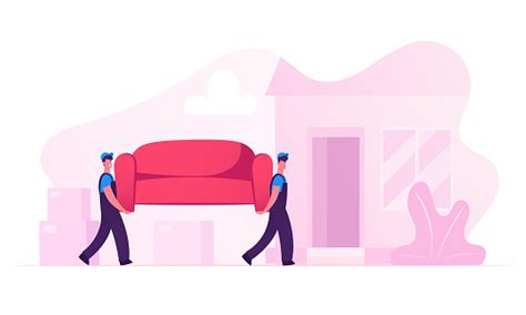 이전 및 새 집으로 이사 작업자는 소파를 들고 전문 가구 배달 회사 로더 서비스 유니폼을 입은 두 명의 남성 배달대 만화 플랫 벡터 일러스트 배달에 대한 스톡 벡터 아트 및