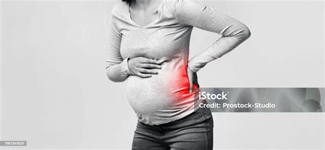 스튜디오에서 허리 통증을 갖는 인식 할 수없는 임신 한 여성 파노라마 허리통증에 대한 스톡 사진 및 기타 이미지 허리통증
