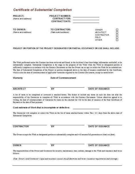 Certificate Of Substantial Completion Form Template 1st Official