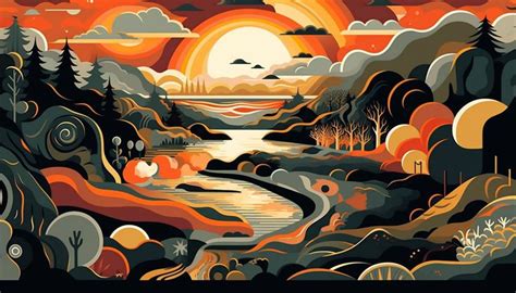 Simplistic Abstract Art Landscape With Trees And Clouds