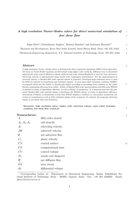 Pdf A High Resolution Navierstokes Solver For Direct Numerical Simulation Of Free Shear Flow