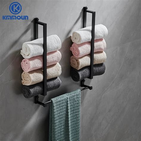 Black Towel Bar Bathroom Towel Rack With Hook Space Aluminum Two Way