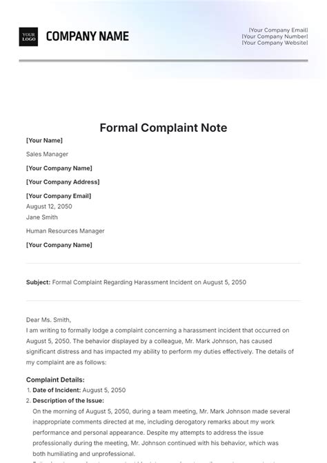 Free Formal Complaint Note Template To Edit Online