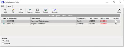 Cycle Count Codes List Tab